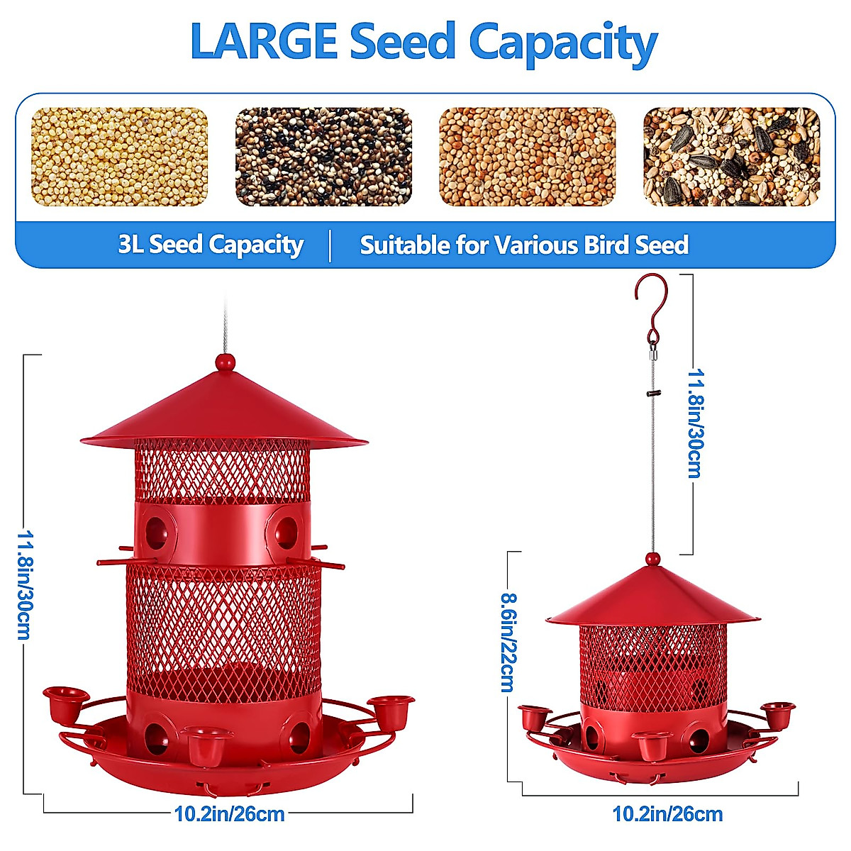 Metal Bird Feeders for Outside, Squirrel Proof Hanging Wild Bird Feeder, 4 Lbs Large Seed Capacity, Outdoors Mesh Tube Birdfeeders with 6 Perches