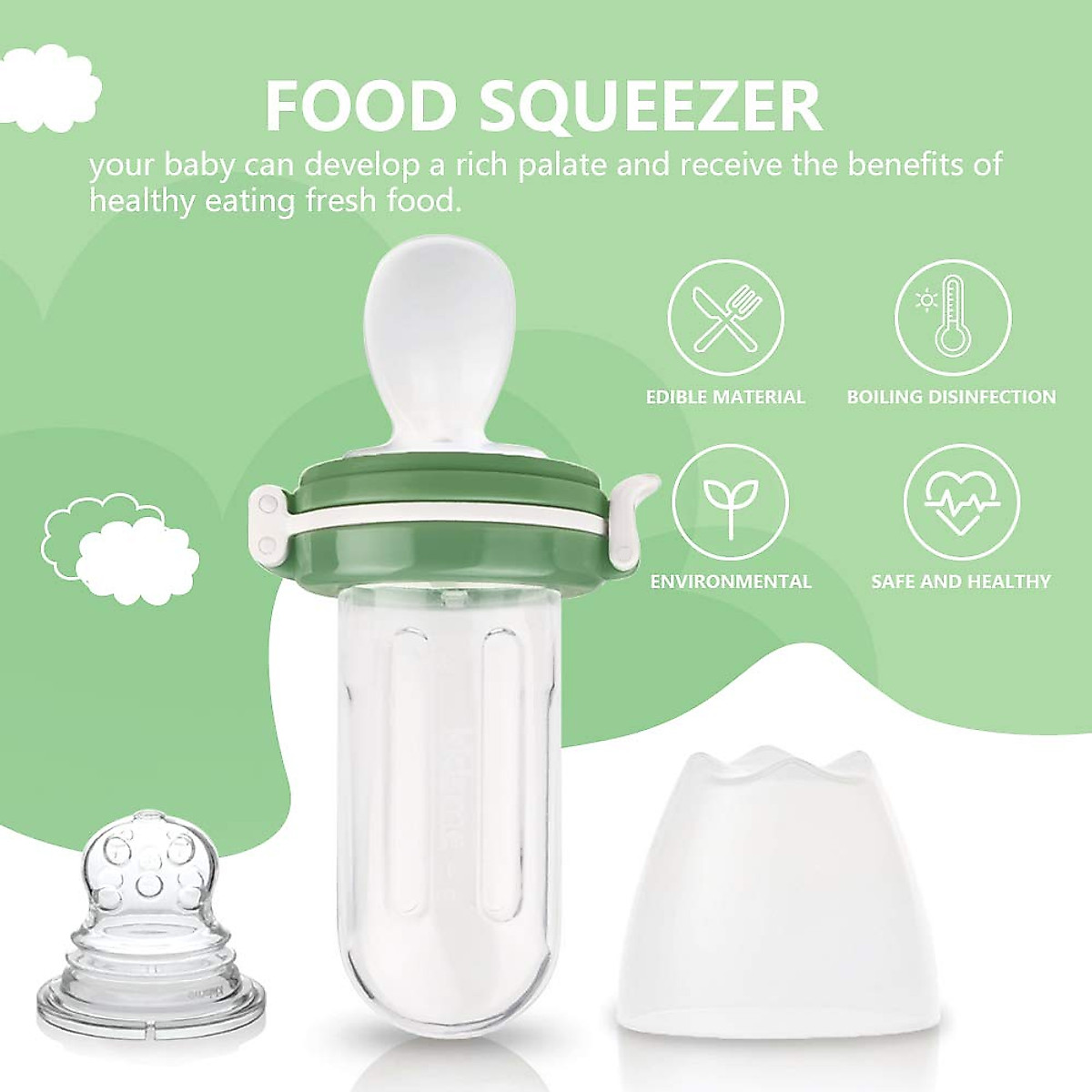 KidsMe 2-in-1 Silicone Baby Squeeze Bottle with Spoon -BPA Free Baby Food Bottle Squeeze Feeder Baby Feeding Supplies Pacifier for Toddlers Infants Babies 4 + Months