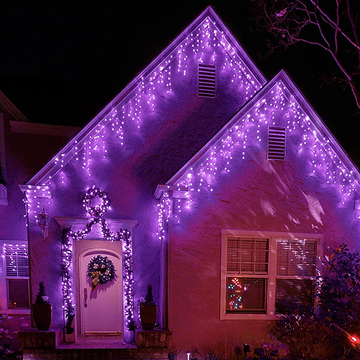 SDOUBLEM 13FT 96 LEDs Purple 8 Modes Memory Mode Icicle Light Window Curtain String Light Wedding Patio Home Garden Bedroom Outdoor Indoor Party Decorations