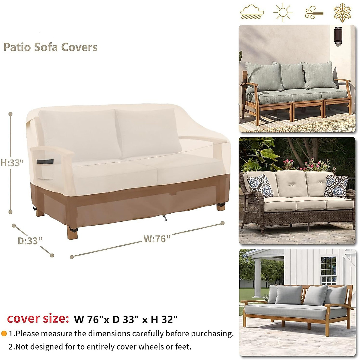 Heavy Duty Oxford Patio 3-Seater Sofa Cover,Outdoor Couch Cover,100% Waterproof Heavy Duty Patio Furniture Covers,Outdoor Couch Cover with Air Vents and Handles (White Coffea, 76W*32.7D*33H inch)