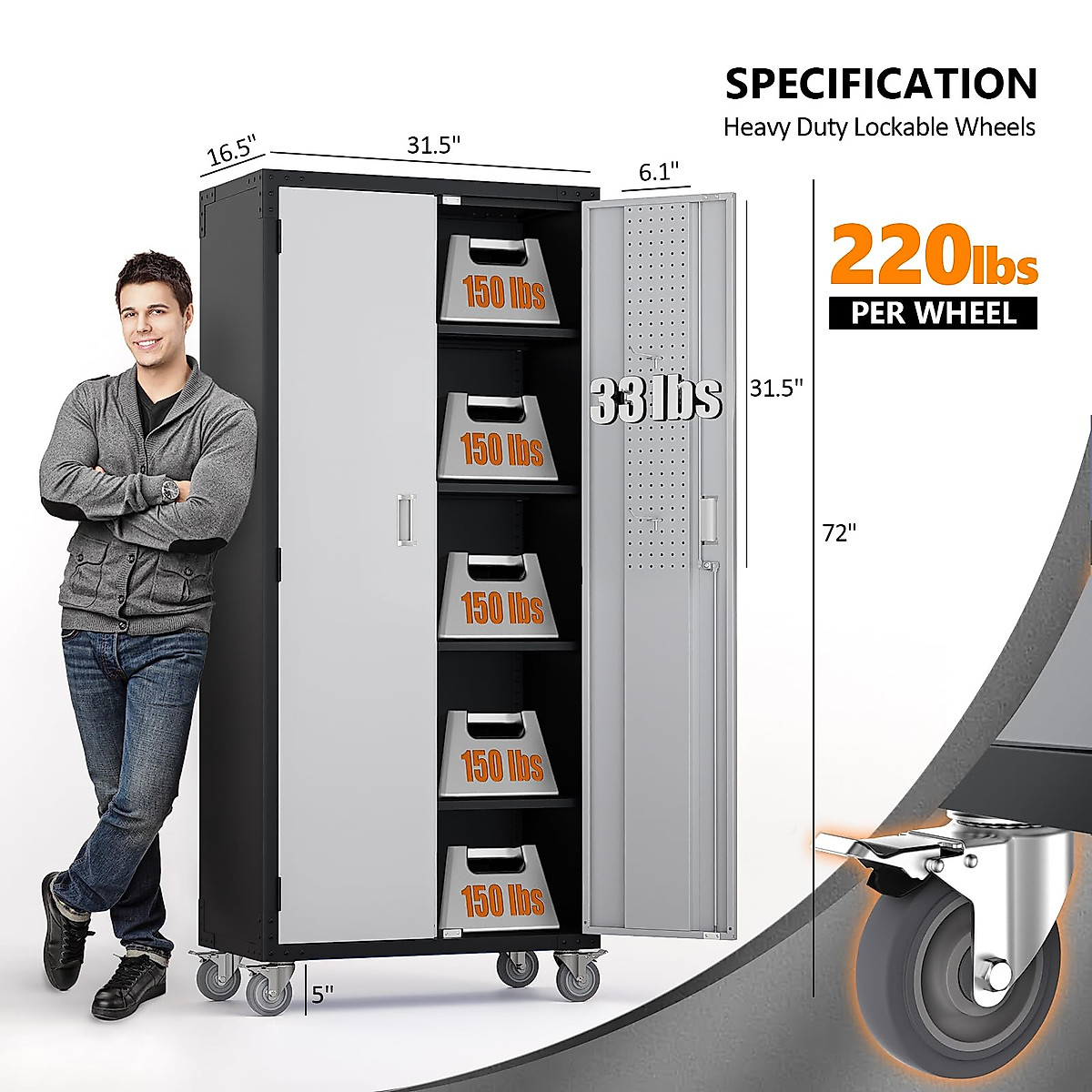 VINGLI 72'' Tall Garage Storage Cabinet, Metal Storage Cabinet with Wheels, Locking Doors and Adjustable Shelves (Black & Silver, 32''W x 16''D x 72''H)