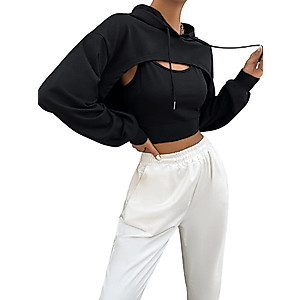 SweatyRocks Women's 2 Piece Outfits Long Sleeve Pullover Crop Top Sweatshirts Hoodie And Cami Tank Top Set Black S