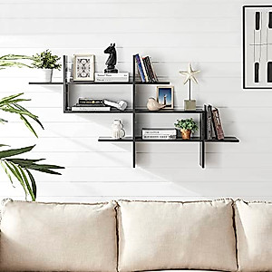 Danya B. 3-Tier Rustic Hanging Wall Mount Floating Ladder Accent Shelf with Criss Cross Asymmetrical Modern Design (Black)