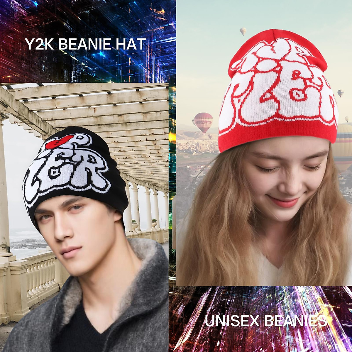 CORIRESHA Men Women Letter Graphic Y2k Beanie Knitted Hats Warm Winter Outdoor Caps Black White