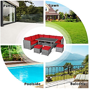 Tangkula 7 Pieces Patio Furniture Set, Outdoor Sectional Rattan Sofa Set with Cushions, All Weather Wicker Conversation Couch Set w/Dining Table & Ottomans for Backyard Garden Poolside