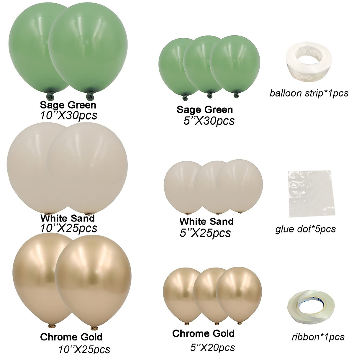 Sage Green White Sand Gold Balloons Garland Arch Kit 155pcs Sage Green Sand White Chrome Gold Balloons for Baby Shower Bridal Shower Birthday Engagement Party Decorations