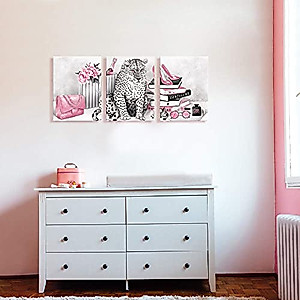 Visual Art Decor Glam Fashion Picture Pink Blush Wall Art Leopard Books High Heel Shoes Perfume Canvas Prints for Modern Home Office Woman Girl Makeup Bedroom Wall Decoration Creative Design Gift (12x16x3)