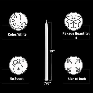 CandleNScent Taper Candles | Tapered Candlesticks - dripless 10 Inch unscented | White | 4 Pack