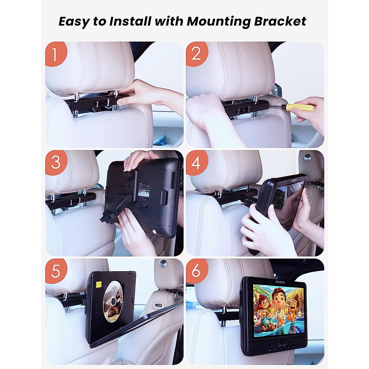 FANGOR 10.5'' Car DVD Player Dual, Portable DVD Player for Car with 5 Hours Rechargeable Battery, Two Mounting Brackets, Support USB/SD, AV Out & in, Last Memory, (1 Player + 1 Monitor)