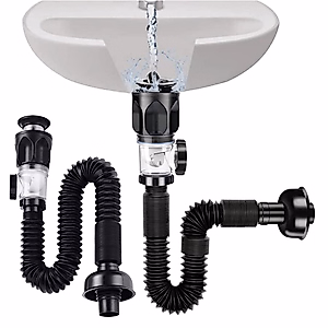 Bathroom Sink Drain Kit with Flexible Expandable P-Trap Sink Drain Pipe Tube Anti-Odor Bathroom Sink Drain Pipe for 1-1/4",1-1/2" and 2'' Drain Hole
