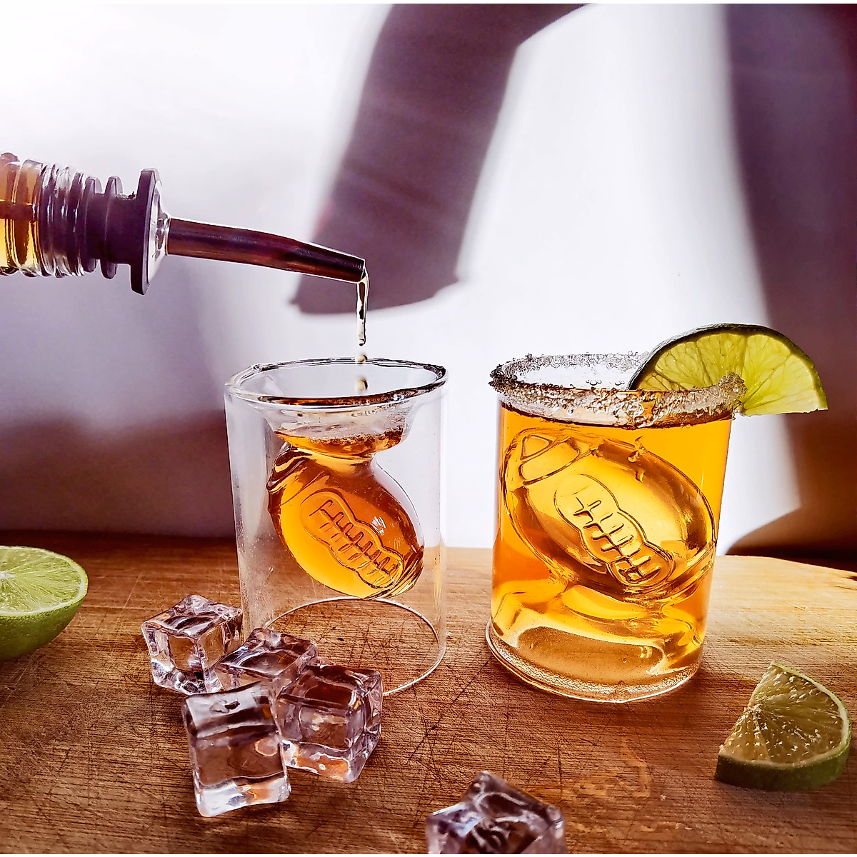 MADARC SPORT - Set of 4 - Football Reversible Shot Glasses 2Oz / 4.5Oz, with 3D relief Football Ball Shape inside - (Modern)