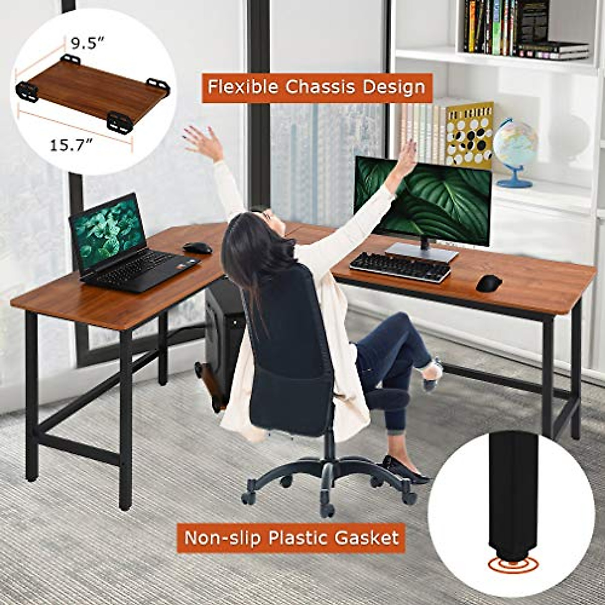 Computer Desk Gaming Desk Office L Shaped Desk PC Wood Home Large Work Space Corner Study Desk Workstation (Brown)