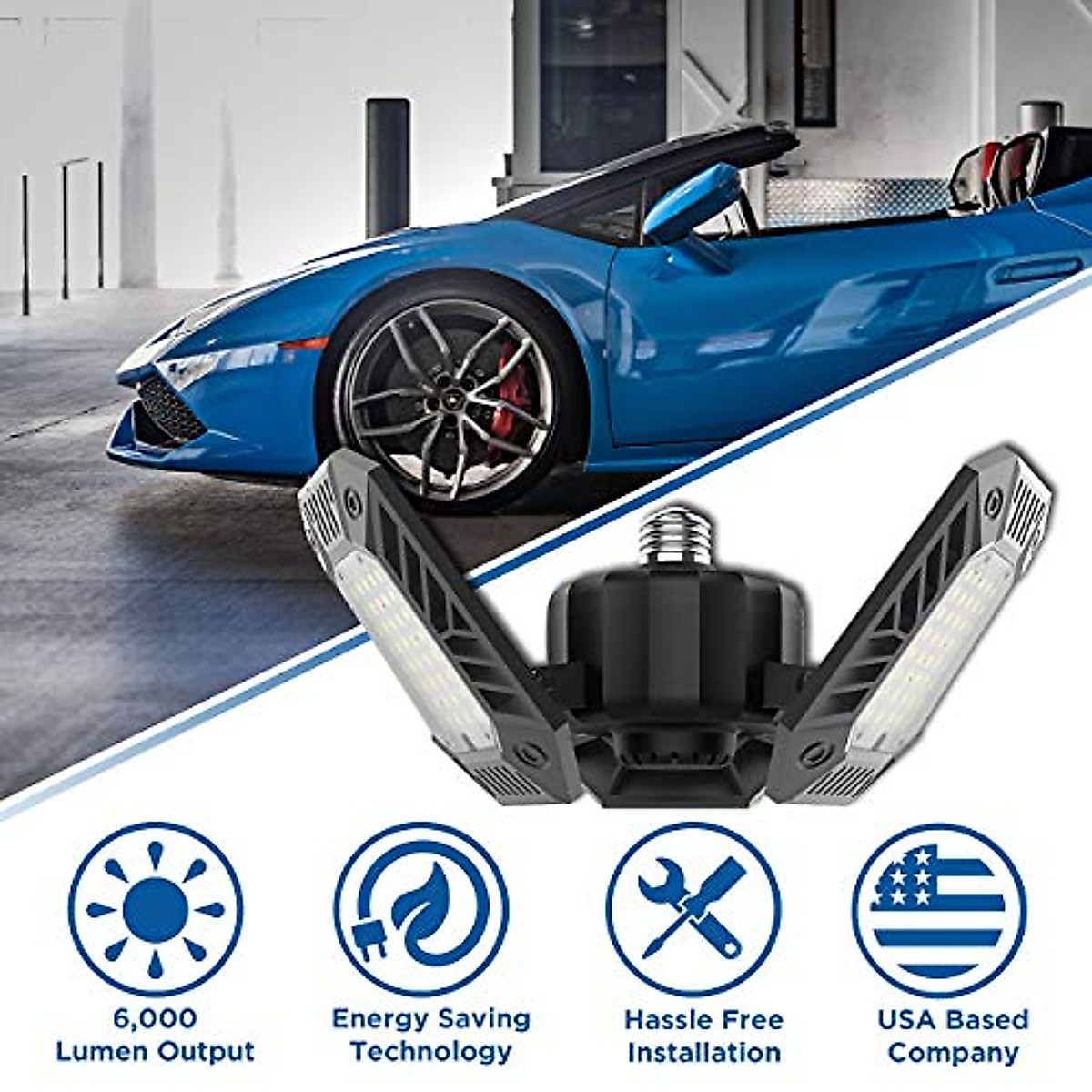 Hudson 6W LED Garage Light - 6000K Cool White deformable LED Shop Light (60W Equivalent) - E26/E27 Standard Screw Based Adjustable LED Light for Ceiling Fixture - 6000 Lumens Work Shop/Bay LED Light