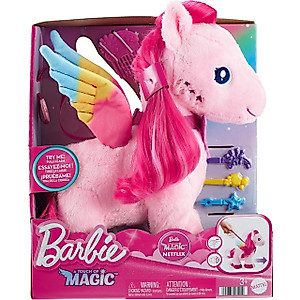 Barbie A Touch of Magic Stuffed Animals, Walk & Flutter Pegasus Plush, 11-Inch Walking Plushie with Hair Accessories and Sound Feature