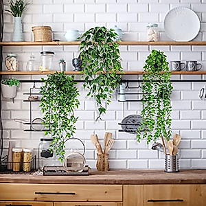 JPSOR 3pcs Fake Hanging Plants, Artificial Hanging Plants Kit, Potted Greenery Faux Eucalyptus Vine Golden Pothos Mandala Vine in Black Pot for Wall Room Patio Office Table Decor