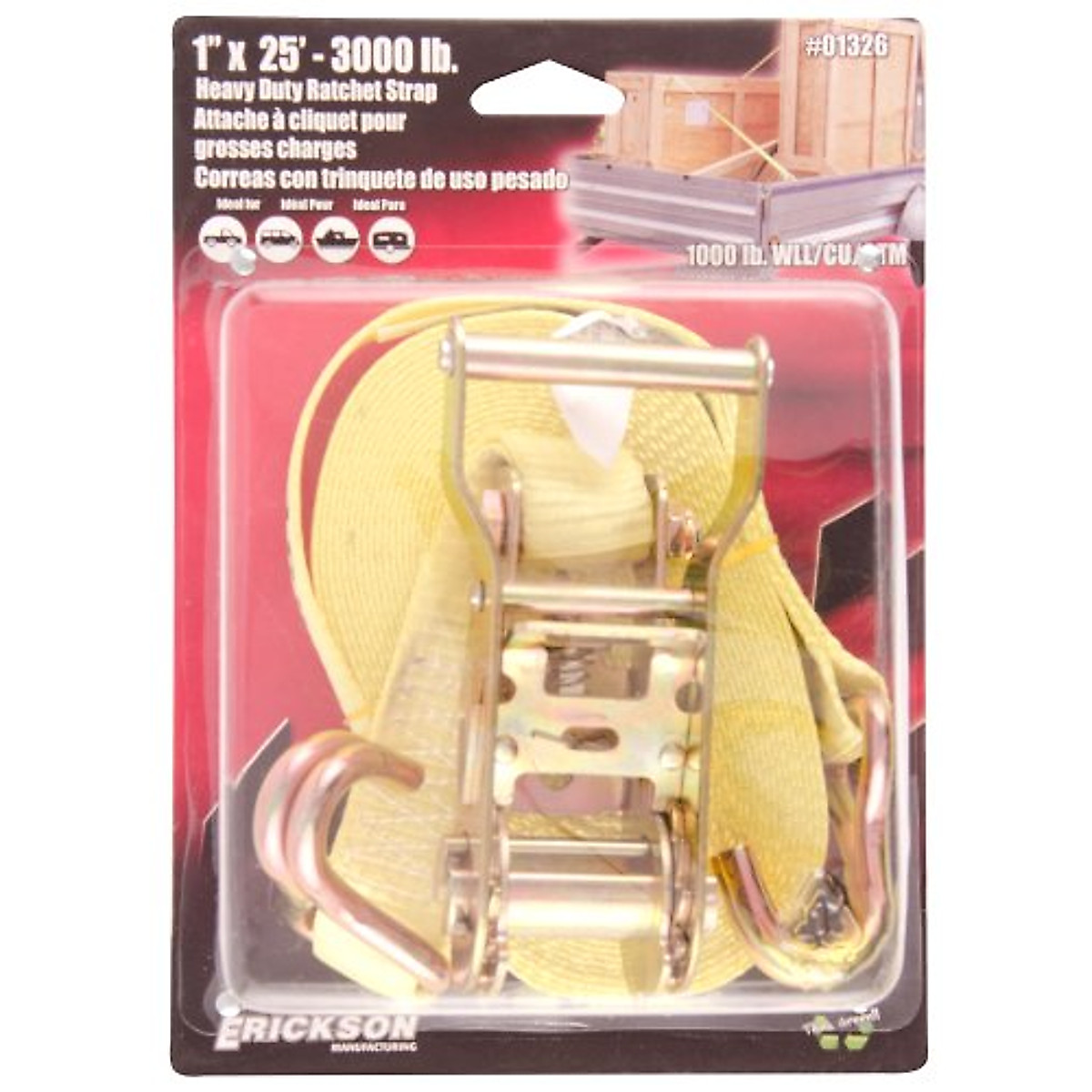 Erickson 01326 Yellow 1" x 25' Medium Duty Ratcheting Tie-Down Strap, 3000 lb Load Capacity