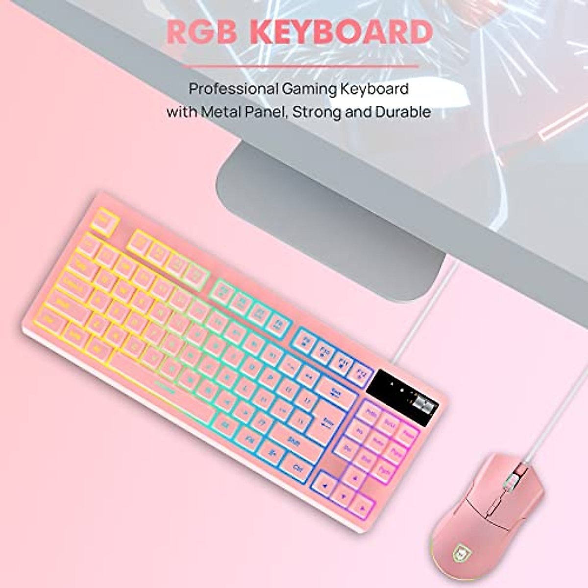 RGB Pink Gaming Keyboard and Mouse Combo,87 Keys Gaming Keyboard Wired RGB Backlit Gaming Keyboard Mechanical Feeling with RGB 7200 DPI Pink Gaming Mouse Set for PC MAC PS4 Xbox Laptop