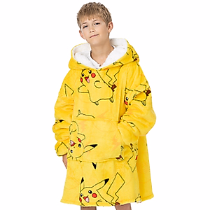 Pokemon Pikachu Vuddie Oversized Blanket Hoodie Kids Boys Girls Yellow Fleece