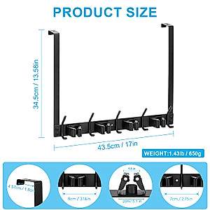 BEIUTAO Broom Holder Over the Door, Stainless Steel Heavy Mop and Broom Holder Wall Mount, Over the Door Hooks for Garage Closet Laundry - 4 Racks with 5 Hooks, Black