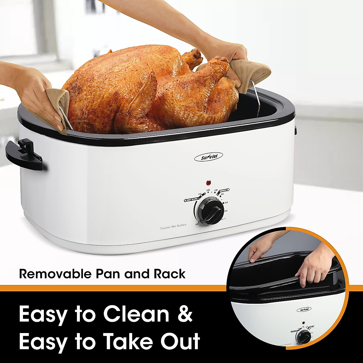 Roaster Oven, 24 QT Electric Roaster Oven with Viewing Lid, Sunvivi Turkey Roaster with Unique Defrost/Warm Function, Large Roaster with with Removable Pan & Rack, Stainless Steel, White