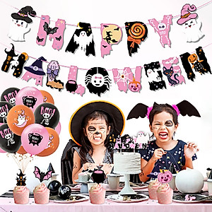 Pink Black Halloween Birthday Party Decorations Kit Happy Halloween Banner Castle Cake Topper Ghost Witch Bat Cupcake Toppers Skeleton Boos Ghost Balloons Kit for Halloween Baby Shower Party Decor