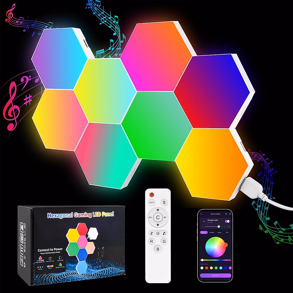 Hervika 8 Pack DIY Hexagon LED Lights, Music Sync RGB Gaming Lights with APP Smart Wall Lights for Bedroom Living Room Decor
