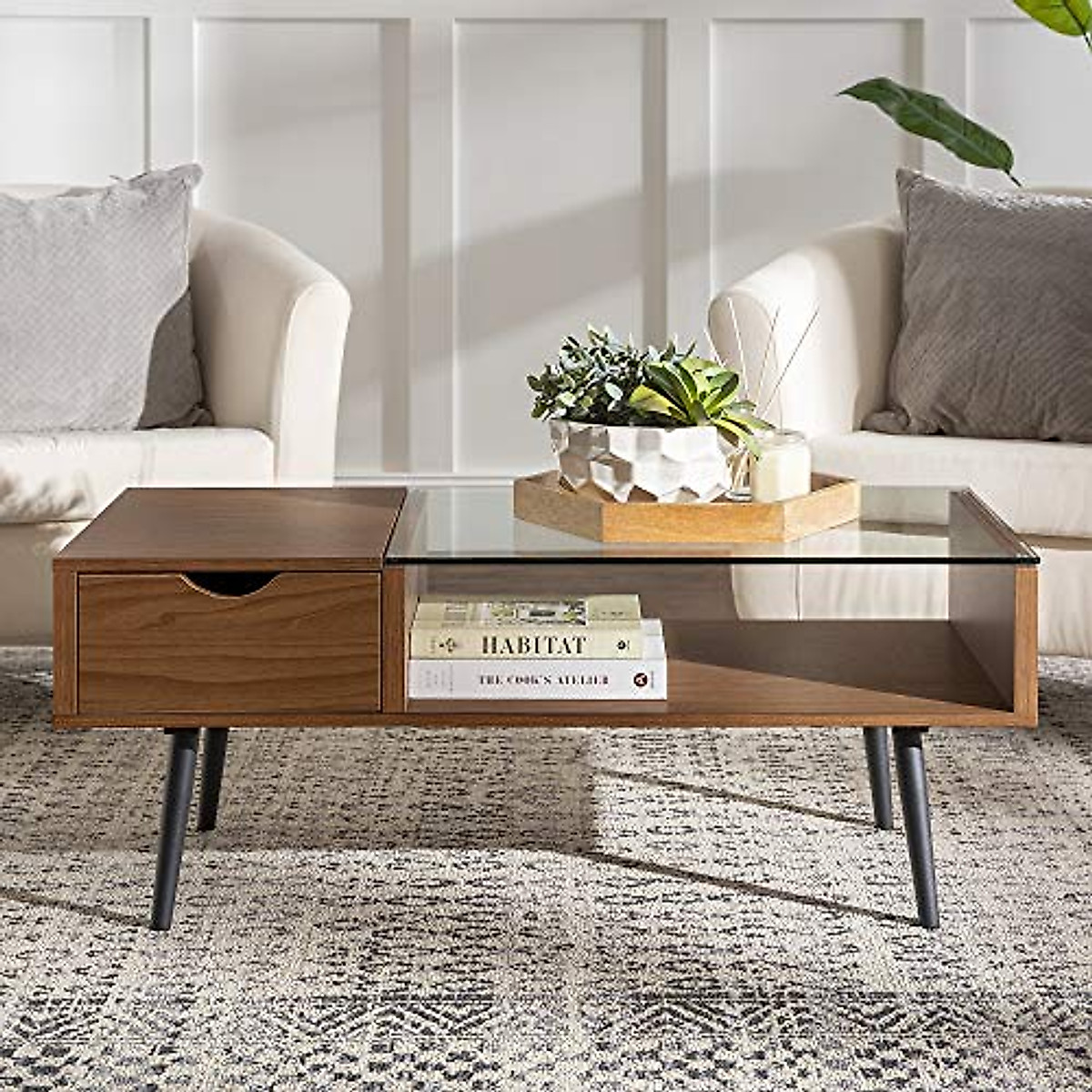 Walker Edison Montclair Mid Century Modern Glass Top 1 Drawer Coffee Table, 42 Inch, Glass and Acorn