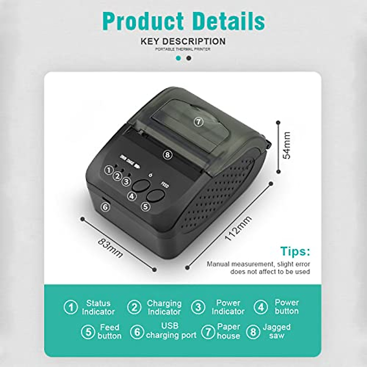 CHICIRIS Mini Thermal Printer, Low Noise, Auto Sleep Mode, Portable Receipt Printer, Energy Saving for Office (US Plug)