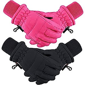 2 Pairs Kids Winter Ski Gloves Waterproof Warm Snow Mittens Full Finger Gloves for Toddlers Infants (Black, Rose Red, 5-10 Years)