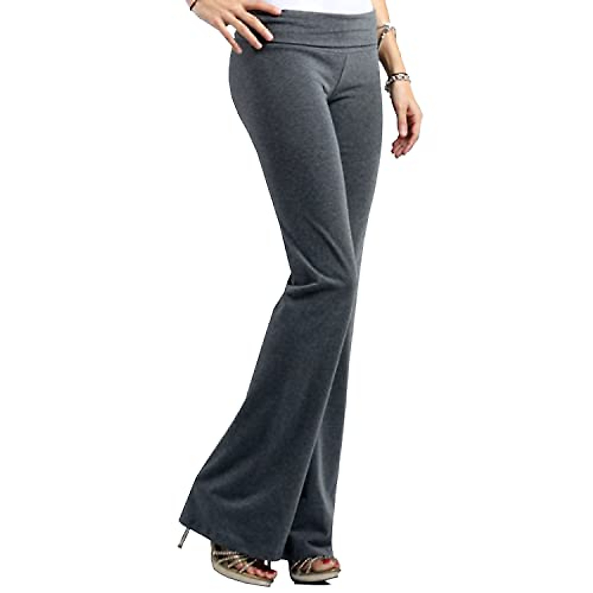 CNC STYLE P001 Women's Women's Comfy Cotton Foled Waist Stretch Bootcut Yoga Leggings High Waisted Bootleg Flare Work Pants, Charcoal Grey, Medium