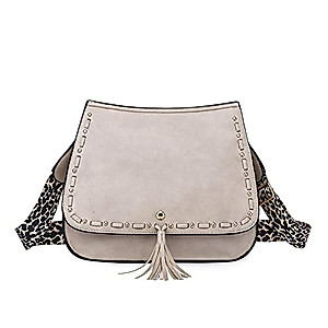 Women Shoulder Crossbody Purse with Wide Guitar Strap, Tassel Design Handbags Vintage Satchel Purse, Off White