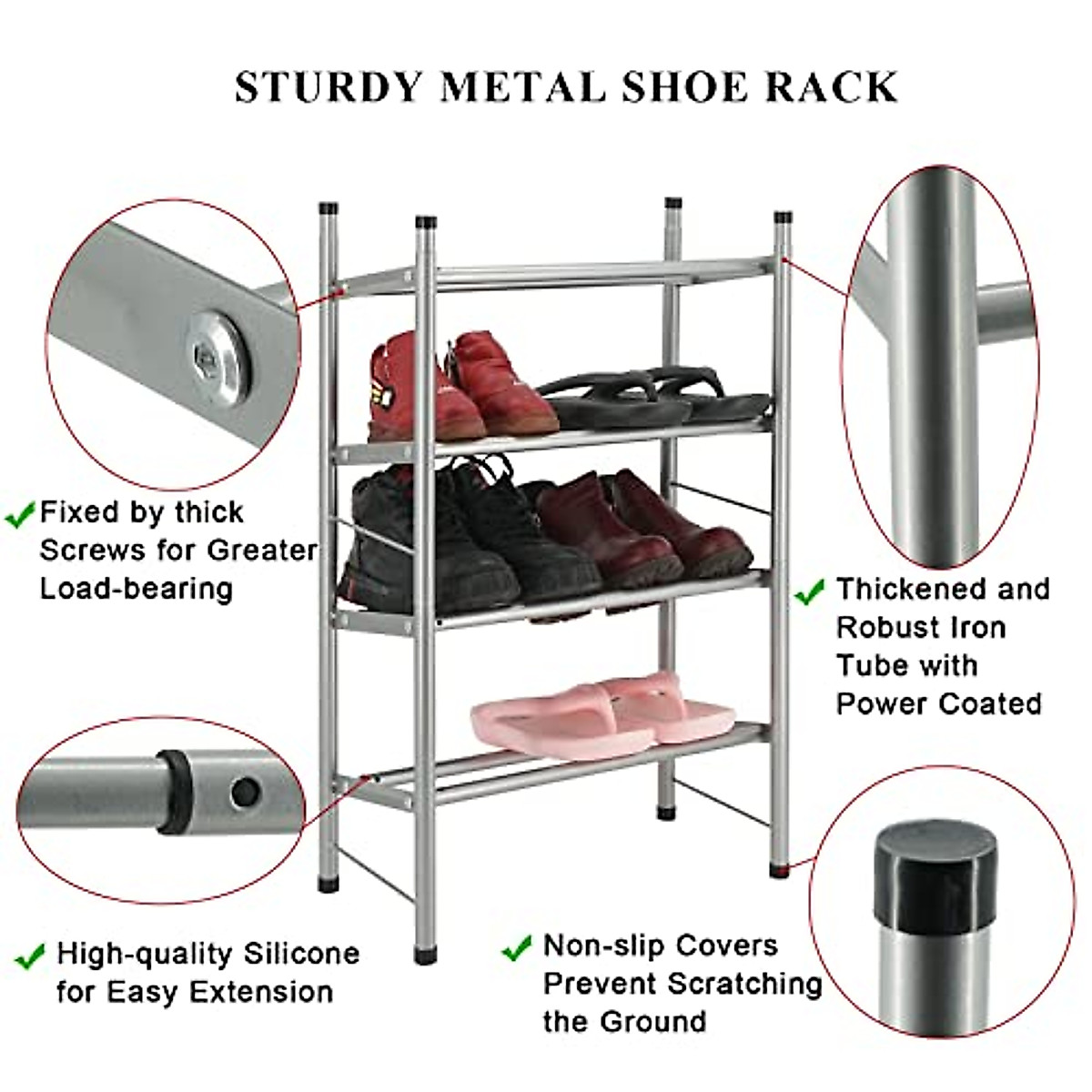 LNYZQUS 4-Tier Expandable Shoe Rack,Sturdy Shoe Shelf Shoe Organizer For Closet,Metal Adjustable Closet Shoe Racks Skinny Shoe Stand For Bedroom Closet-Grey