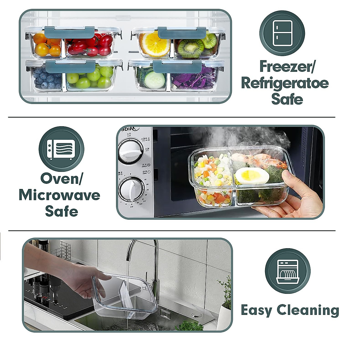VERONES 10 Pack Glass Meal Prep Containers 2 Compartment Set, 30 OZ Airtight Glass Lunch Containers, Glass Food Storage Containers with Lids, for Microwave, Oven, Freezer & Dishwasher Friendly，Grey