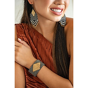 INK + ALLOY Beaded Boho Earrings for Women Dangling, Dottie Luxe Seed Bead Fringe Statement Art Deco Chandelier Earrings, Handmade Jewelry for the Modern Bohemian, 3.5-Inch Length (Black and Gold)