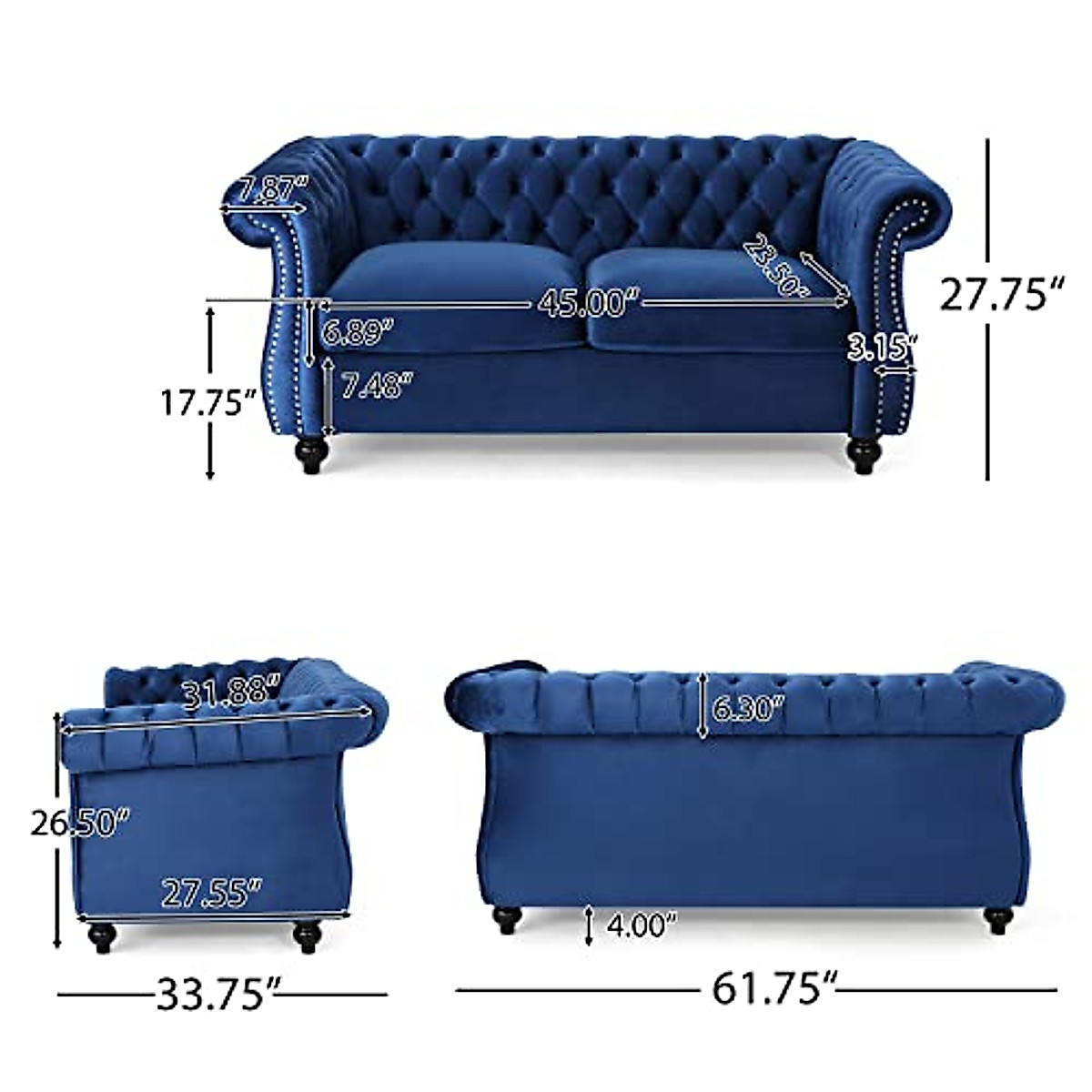 Christopher Knight Home Karen Traditional Chesterfield Loveseat Sofa, Navy Blue and Dark Brown, 61.75 x 33.75 x 27.75