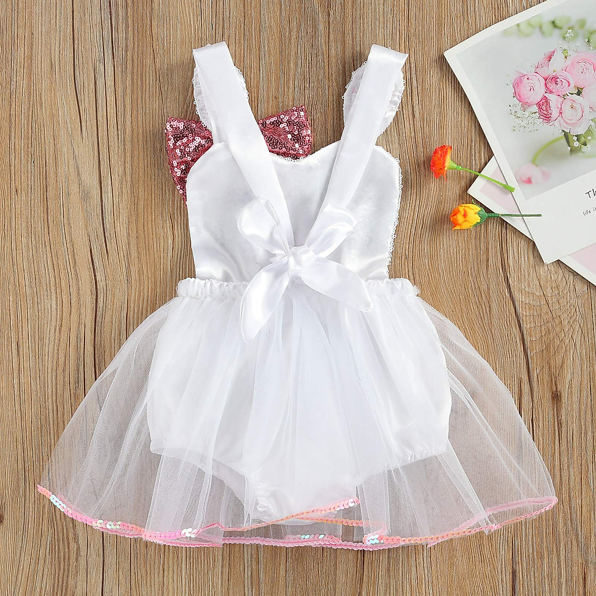 Infant Toddler Baby Girl Easter Outfits Sequin Rabbit Bunny Romper Tutu Dress Bow Halter Sleeveless Bodysuit Party Dresses (White, 18-24 Months)