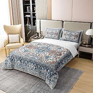 100% Cotton Antique Duvet Cover Twin, Boho Bedding Set, Blue Brown Damask Floral Bohemian Flowers Retro Comforter Cover, Exotic Tribal Medallion Egyptian Bedroom Decor Quilt Cover