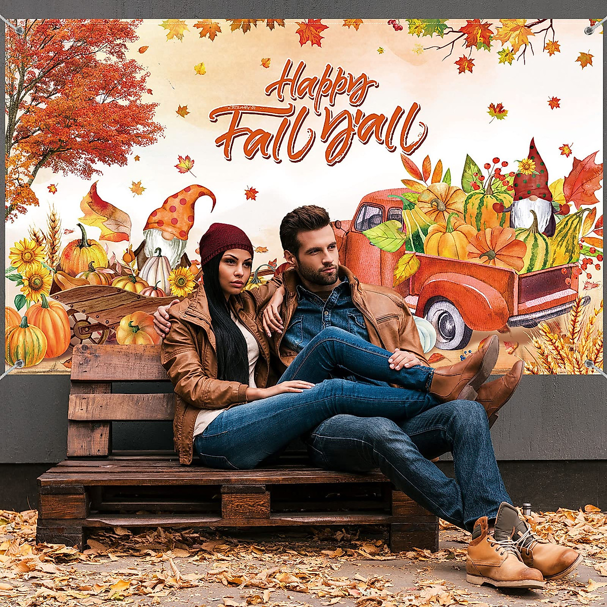 Happy Fall Y'all Backdrop Decoration Gnome Pumpkin Background Fabric for Photography Photoshoot Harvest Holiday Party Banner Photo Props for Autumn Thanksgiving Birthday Baby Shower, 72.8 x 43.3 Inch