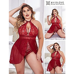 Avidlove Plus Size Lingerie for Valentines Women Lace Babydoll Chemise Nightgown Mesh Nightwear Side Slit Nightie L~4XL (Wine Red, XXX-Large)