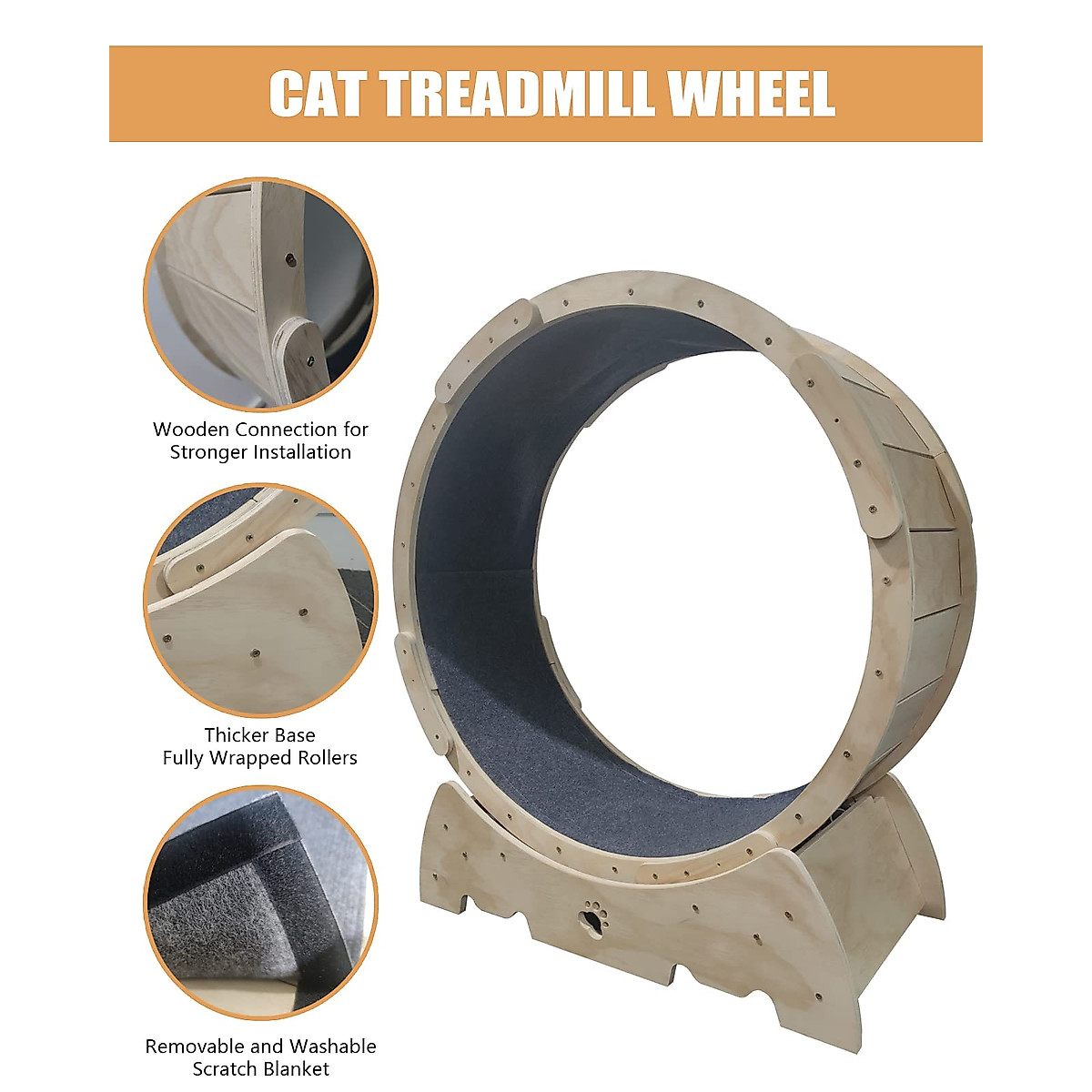 Cat Wheel Cat Exercise Wheel Indoor, Cat Treadmill Wheel, Cat Running Wheel Cat Toy Cats Loss Weight Device Natural Wood Grain