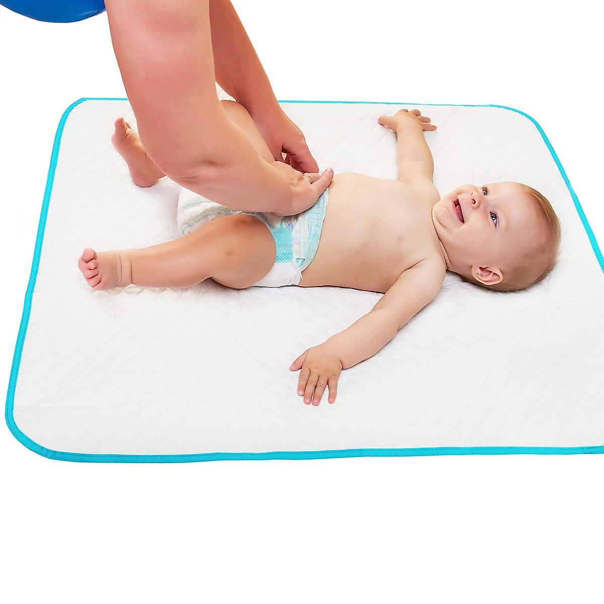 Baby Diaper Changing Mat - 31,5 x 25,5 inch Waterproof Portable Travel Changing Pad - Wipable Liners for Newborn Todlers Kids - Foldable Large Baby Nappy Changer Mat (White w/Turquoise Changing mat)