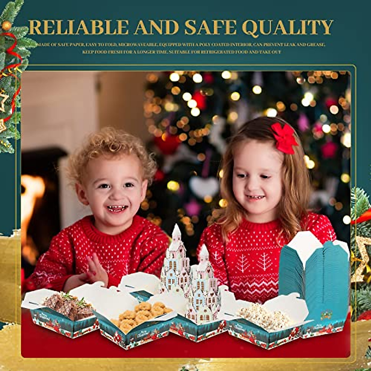 Yungyan Christmas Party Supplies 50 Pack Christmas Food Trays 38 Oz Paper Take Out Containers Christmas Party Food Container Serving Trays Microwaveable To Go Boxes for Christmas Party Home Supplies