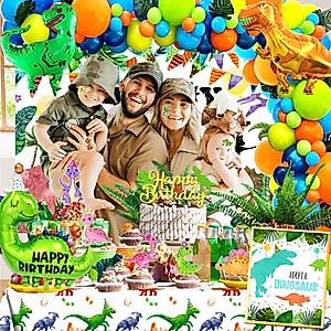 115pcs Dinosaur Birthday Party Decorations Supplies Boy, Dinosaur Cake Topper,Dinosaur Balloons Kit,Dinosaur Cupcake Toppers Backdrop for Dinosaur Party Decorations Favors, Dino Themed Birthday Party