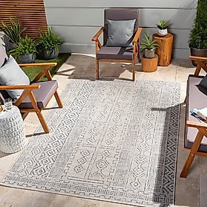 Mark&Day Outdoor Rugs, 8x8 Latimer Global Indoor/Outdoor Beige Square Area Rug, Non Shedding Beige Grey Carpet for Patio, Porch, Deck, Bedroom, Living Room or Kitchen (7'10" Square)