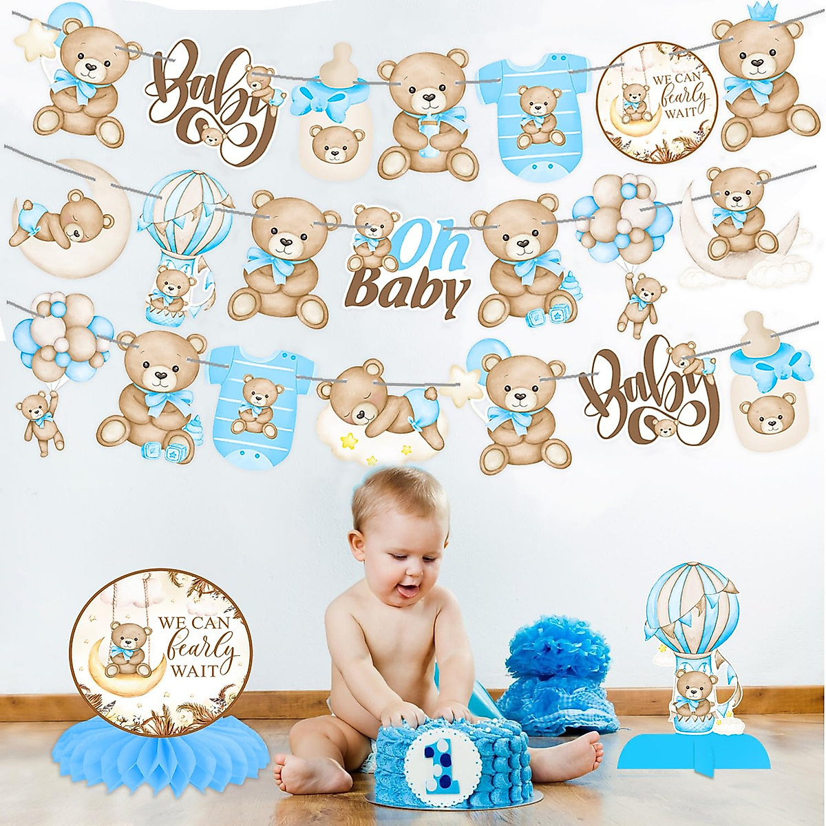 Teddy Bear Party Banner 3Pcs We Can Bearly Wait Baby Shower Decorations Blue Bear Baby Shower Banner for Baby Boy Gender Reveal Party Decorations