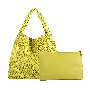 Women Vegan Leather Hand-Woven Tote Handbag Fashion Shoulder Top-handle Bag All-Match Underarm Bag with Purse (Lemon yellow)