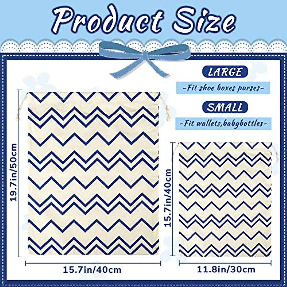 Dunzy 2 Pack Drawstring Gift Bags Large Ivory and Blue Stripe Fabric Gift Bags Reusable Canvas Gift Bags for Father's Day Birthdays Holiday, 15.8 x 19.7 Inch, 11.8 x 15.8 Inch