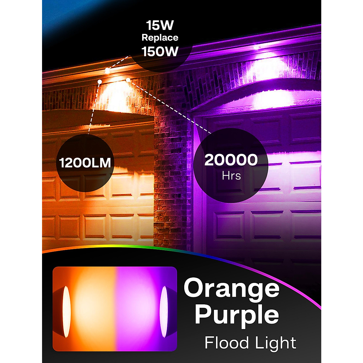 LEDERA LED Flood Orange Purple Light Bulb, 15W Equivalent 150W, Par38 Orange Purple Flood Light, E26 Base, Colored LED Light Bulbs, Not-dim Ideal for Halloween, Christmas, Party, Holiday, 2 Pack