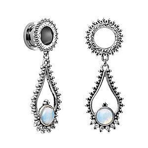 TBOSEN Opalite Moonstone Dangle Pendant Ear Plugs Stainless Steel Screw Ears Tunnels Gauges Piercing Gauge 0g(8mm)
