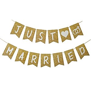 Pre-Strung Just Married Banner, NO DIY Gold Wedding Party Banner, Vintage Just Married Banner Wedding Bunting Photo Booth Props Signs Garland Bridal Shower Decoration, Wedding Decoration for Reception